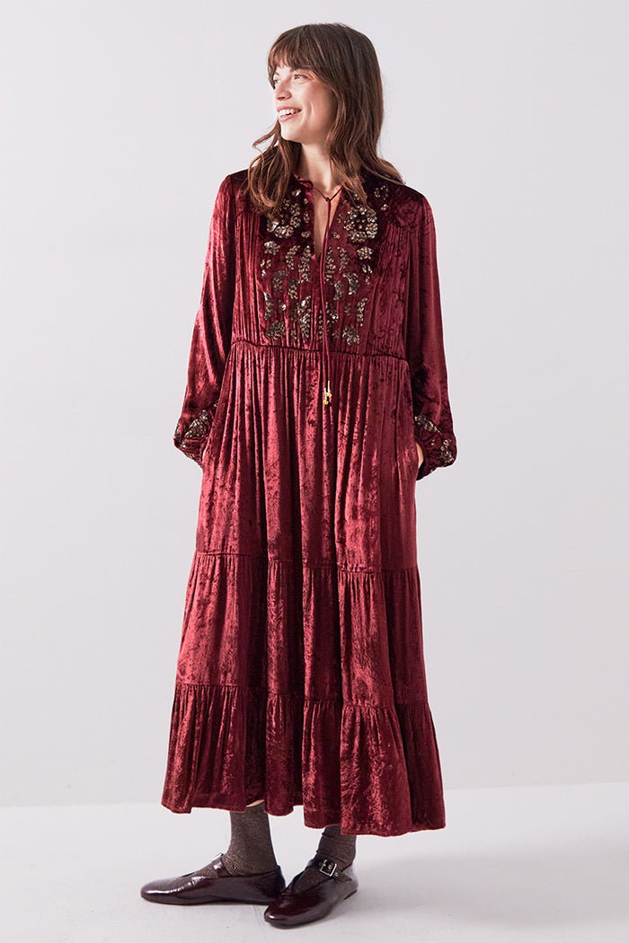 Brogan Velvet Embroidered Berry Dress